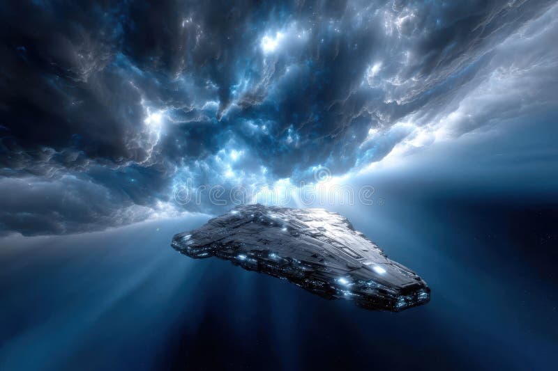 Spaceship Navigating through Dramatic Cosmic Clouds and Light Beams in ...