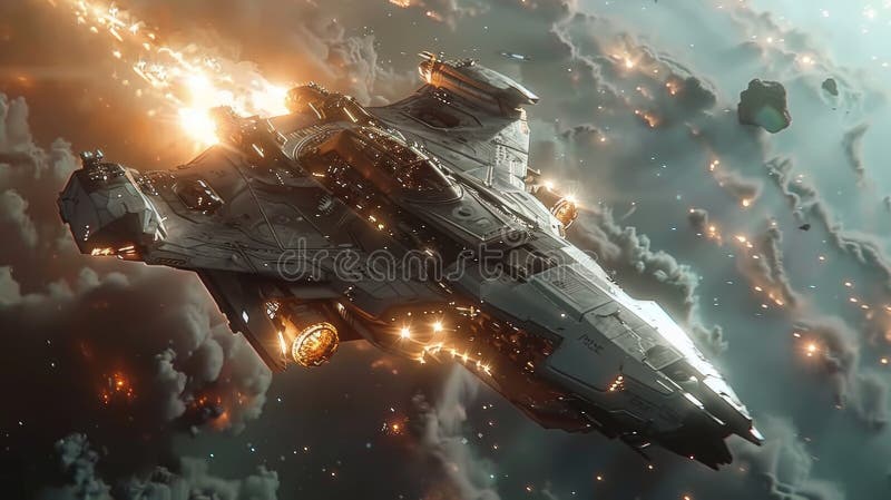 Spaceship Navigating through an Explosive Cosmic Environment Stock ...