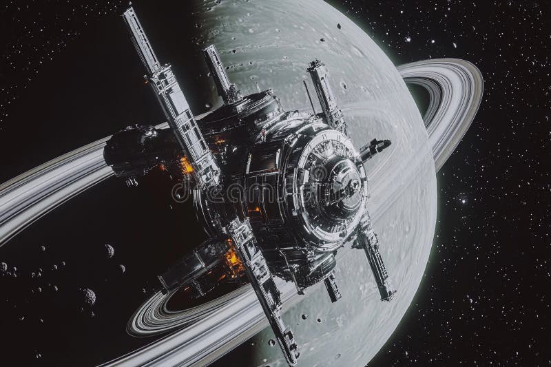 Spaceship Navigating the Rings of a Distant Planet in a Serene Outer ...