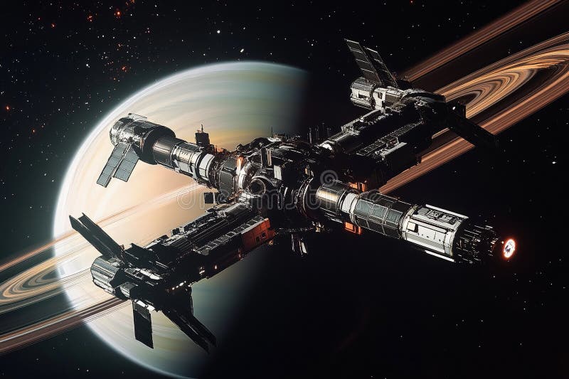 Spaceship Navigating the Rings of a Distant Planet in a Serene Outer ...