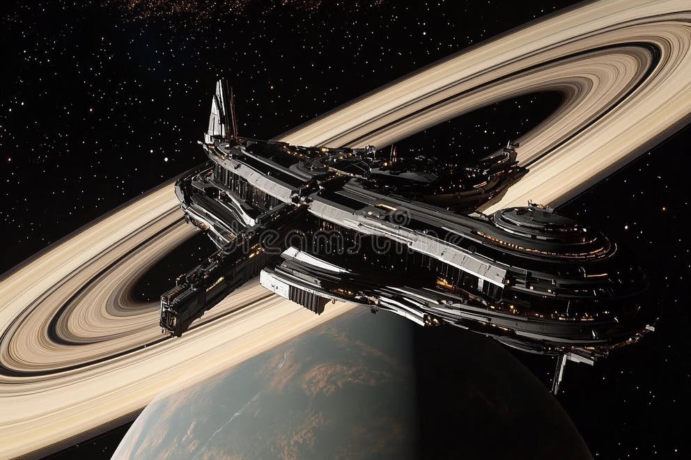 Spaceship Navigating the Rings of a Distant Planet in a Serene Outer ...