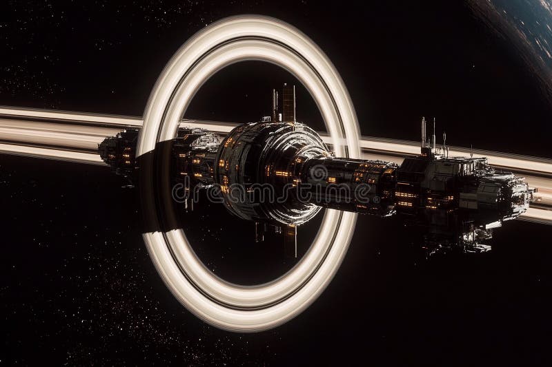 Spaceship Navigating the Rings of a Distant Planet in a Serene Outer ...