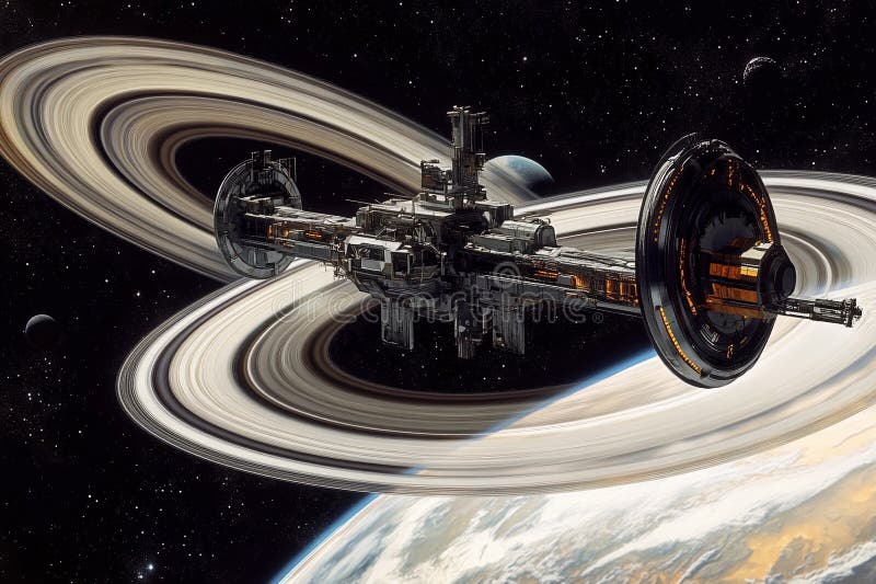 Spaceship Navigating the Rings of a Distant Planet in a Serene Outer ...