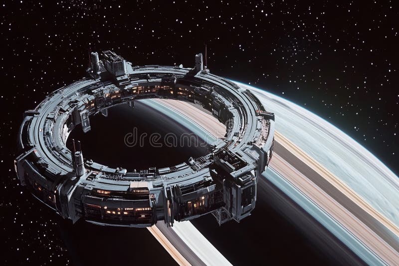 Spaceship Navigating the Rings of a Distant Planet in a Serene Outer ...