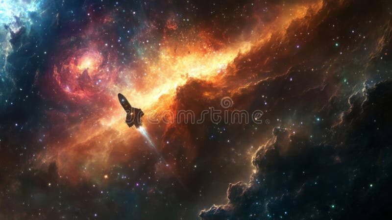 Spaceship Navigating Vibrant Nebula in Deep Space Stock Illustration ...