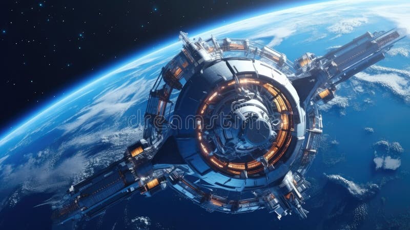 Spaceship on Orbit of Planet Earth. View from Station. Blue Planets in ...