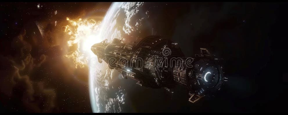 Spaceship Orbiting a Planet with an Exploding Star Stock Image - Image ...
