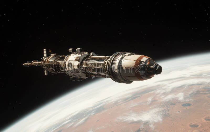 Spaceship Orbiting Red Planet in Space Stock Illustration ...