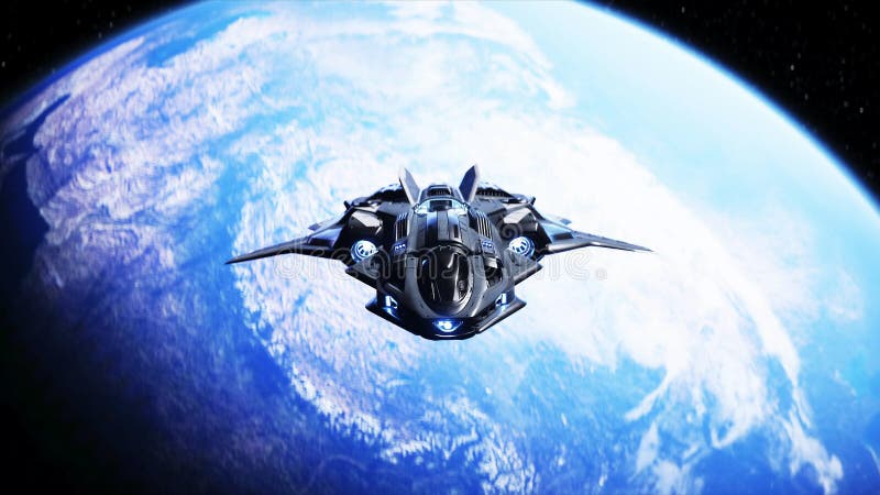 Spaceship in Outer Space. Earth Background. 3d Rendering. Stock ...