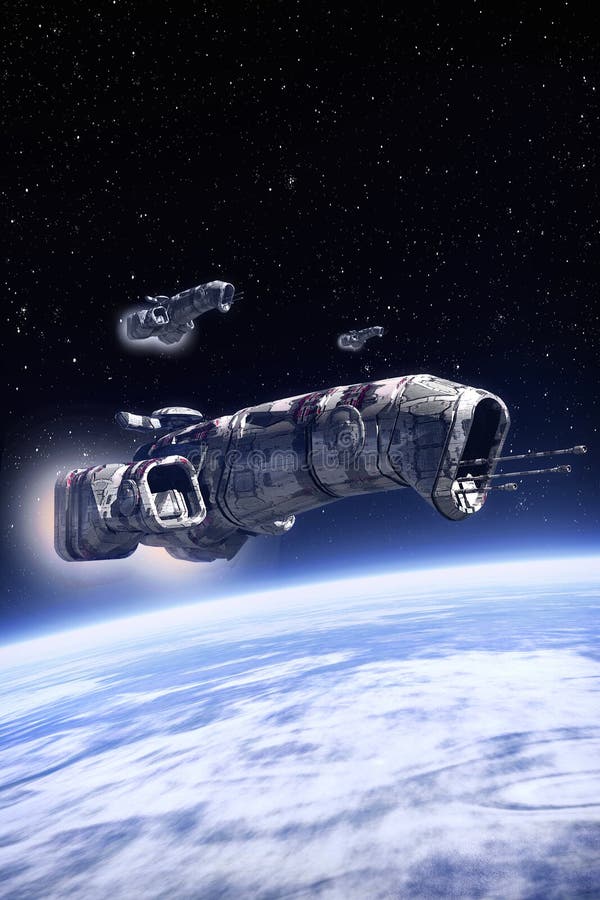 Spaceship on Patrol Over a Planet Stock Illustration - Illustration of ...