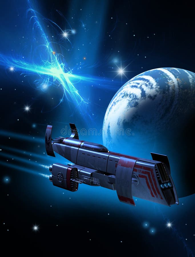 Spaceship and Alien Planetary System, 3d Rendering Stock Illustration ...