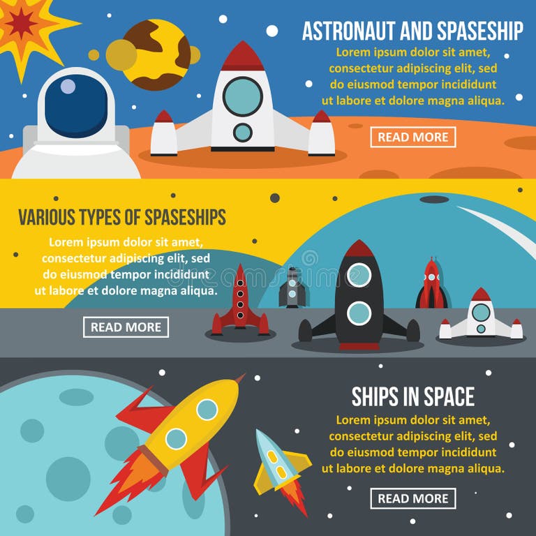 Spaceship Rocket Banner Horizontal Set, Flat Style Stock Vector ...