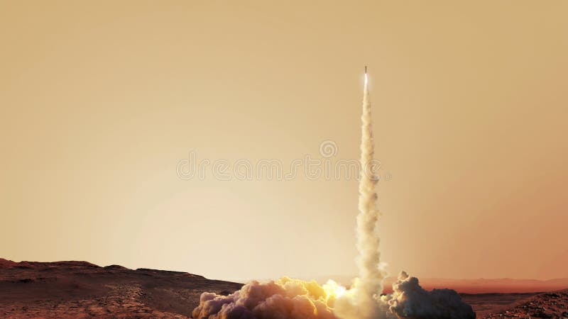Spaceship Rocket Takes Off with Smoke and Blast on the Red Planet Mars ...