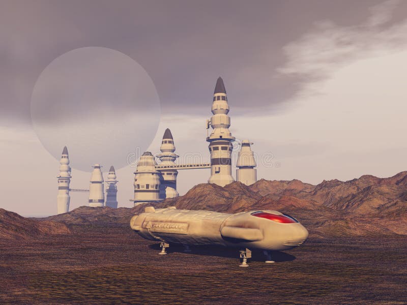 Spaceship in a Science Fiction Setting with Buildings in the Background ...