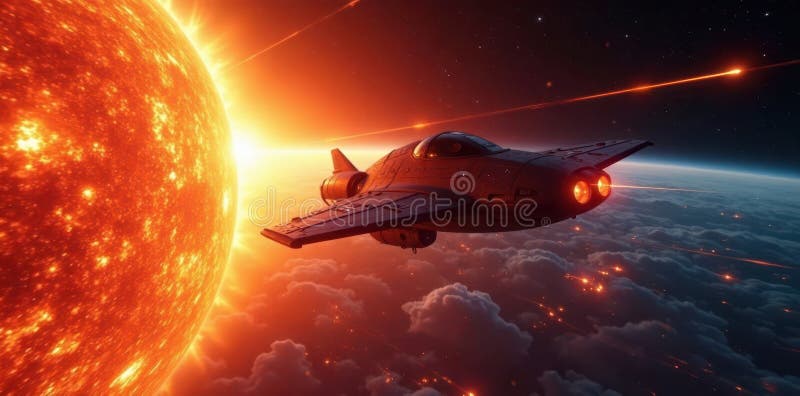 Spaceship Soaring through Solar Flares, Approaching Sun , Bright ...
