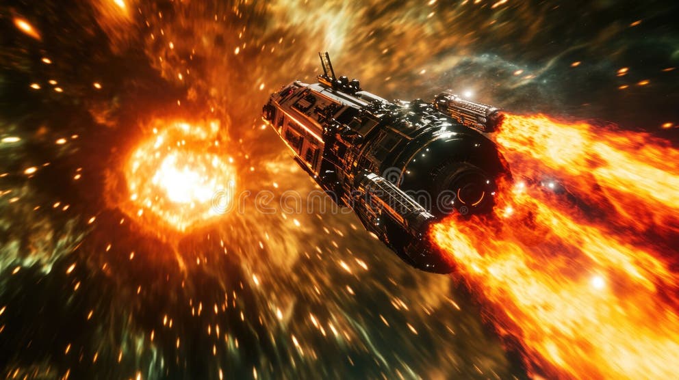 A Spaceship Soars through the Galaxy, Flames Erupting from Its Engines ...