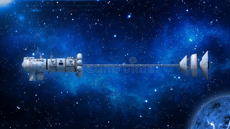 Spaceship with Solar Panels in Deep Space, UFO Spacecraft Flying in the ...