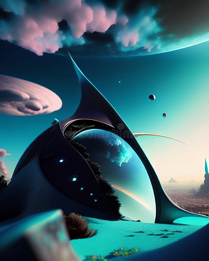 Spaceship in Space Above Blue Planet in Distant Solar System. Fantastic ...