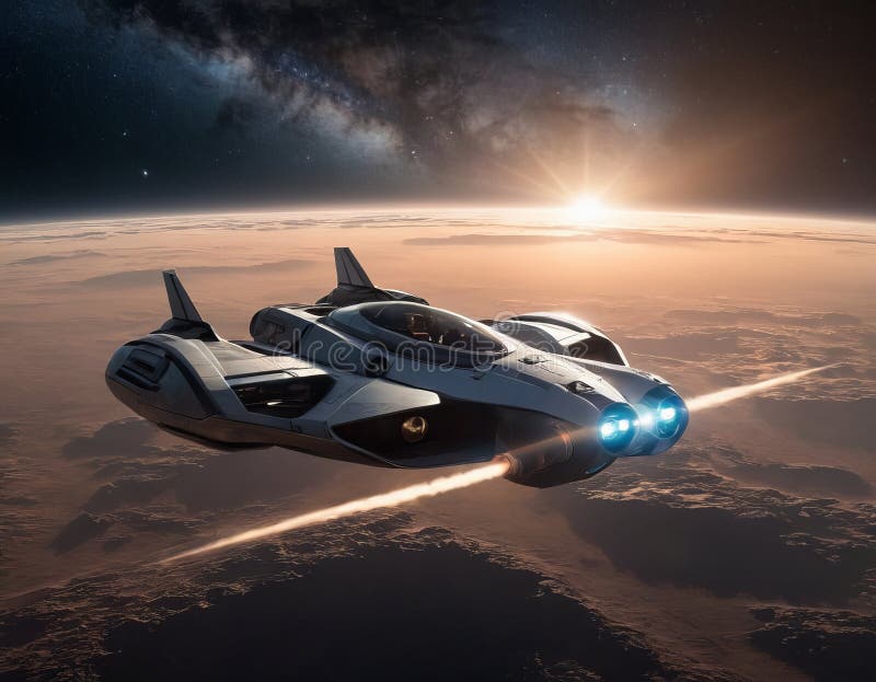 Spaceship in Space Above the Planet Stock Illustration - Illustration ...