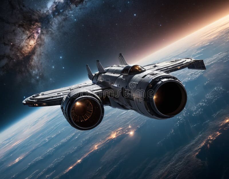 Spaceship in Space Above the Planet Stock Illustration - Illustration ...