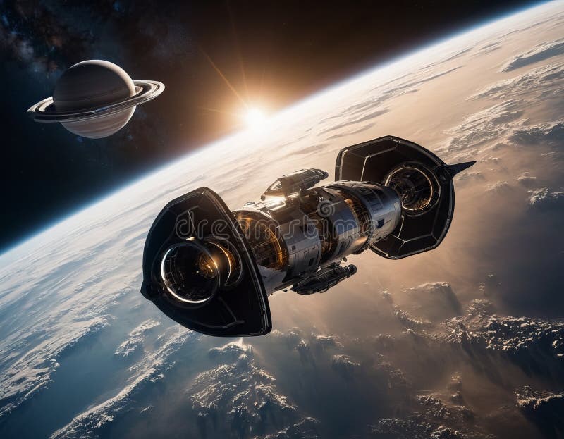 Spaceship in Space Above the Planet Stock Illustration - Illustration ...