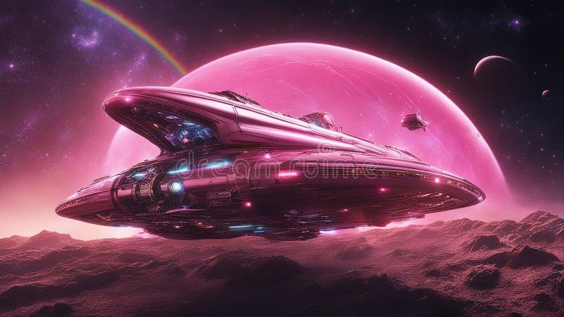 Spaceship and Space _A Colorful Pink Spaceship with a Star Shape and a ...