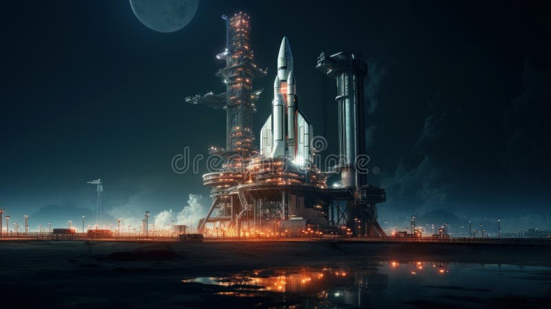 Spaceship is on Space Launch Pad before Start in Future, Big Rocket on ...