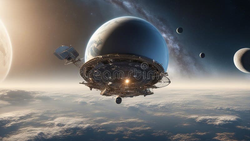 Spaceship in Space 15 a Satellite and the Earth in Outer Space. the ...