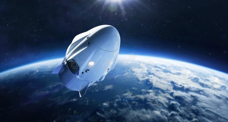 Spaceship in Space. Shuttle with Crew of Astronauts on Orbit of Earth ...