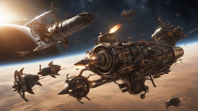 Spaceship in Space Steampunk Space Battle in Outer Space Over the ...