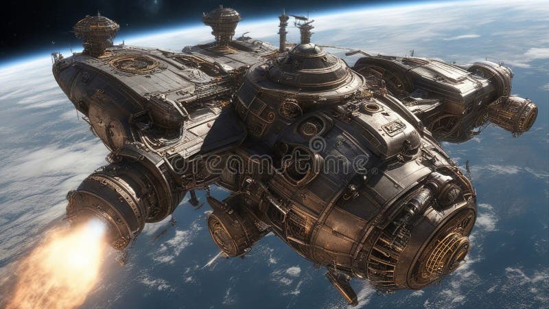 Spaceship in Space Steampunk Space Battle in Outer Space Over the ...