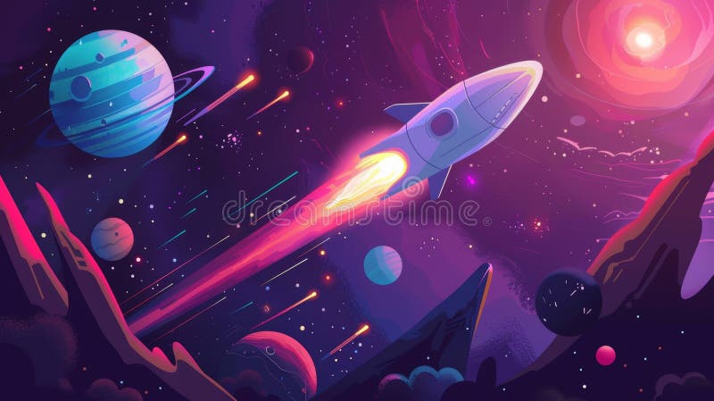 A Spaceship is Spinning through Space with Planets, an Explosion of a ...