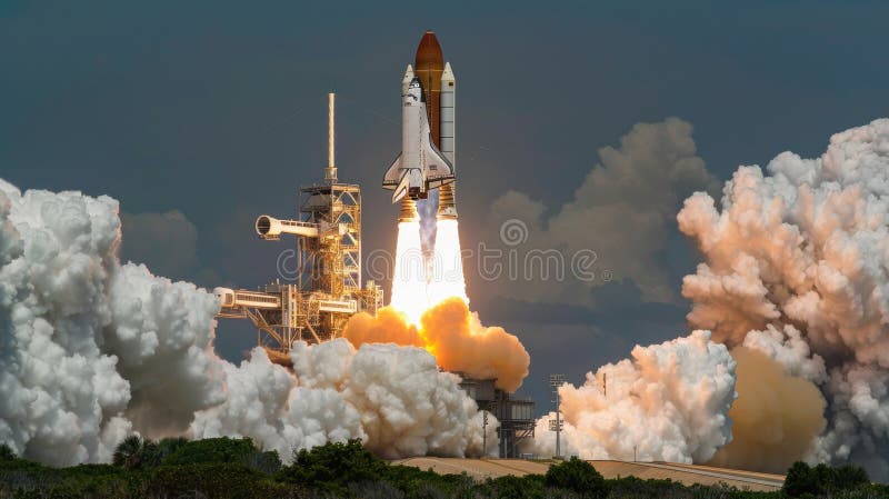 Spaceship Takes Off into the Sky. Rocket Lift Off Stock Illustration ...