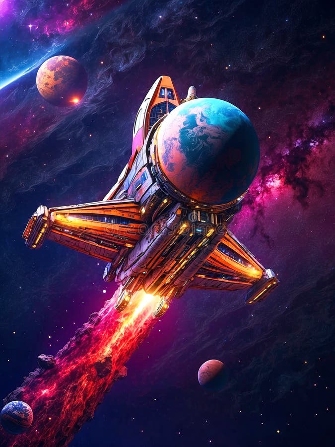 Spaceship Takes Off into Starry Sky. Generative Ai Illustration Stock ...
