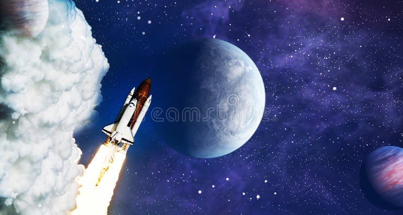 Spaceship Takes Off into the Starry Sky. Launch of Space Stock Image ...