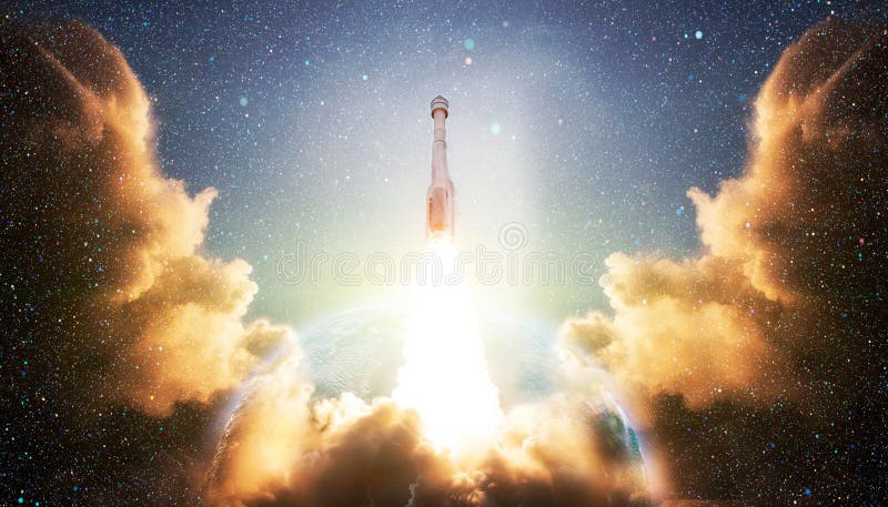 Spaceship Takes Off into the Starry Sky. Launch of Space Stock Photo ...