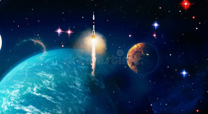 Spaceship Takes Off into the Starry Sky. Launch of Space Stock Photo ...