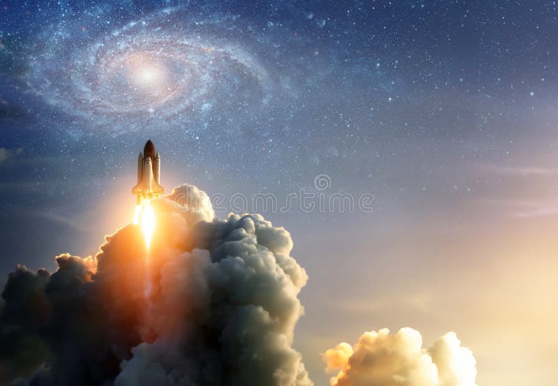 The Spaceship Takes Off into the Starry Sky. a Rocket is Launched into ...