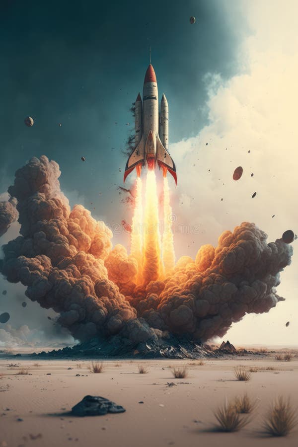 Spaceship Taking Off with Clouds on Blue Background, Created Using ...