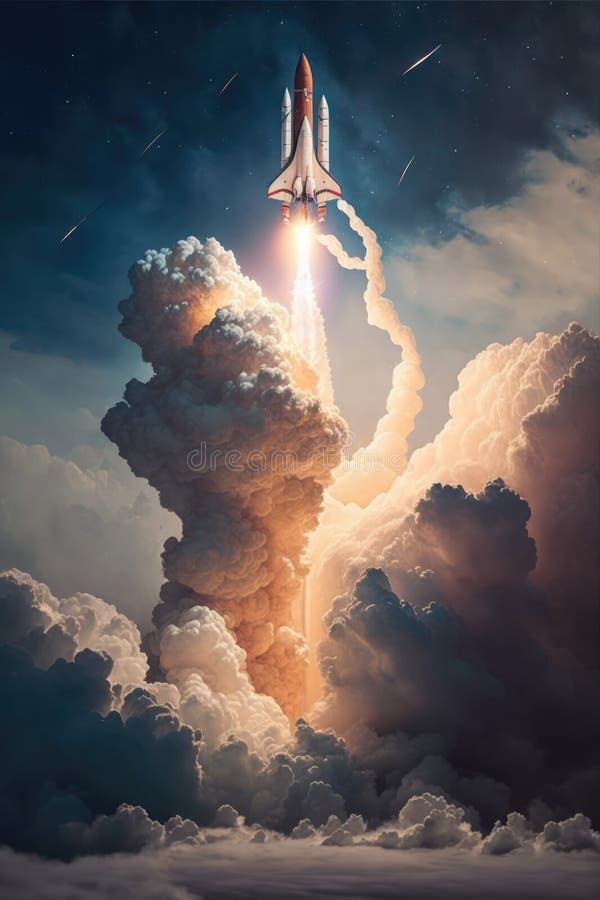 Spaceship Taking Off with Clouds on Blue Background, Created Using ...