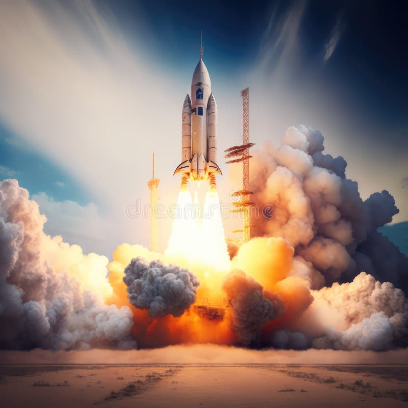 Spaceship Taking Off with Clouds on Blue Background, Created Using ...