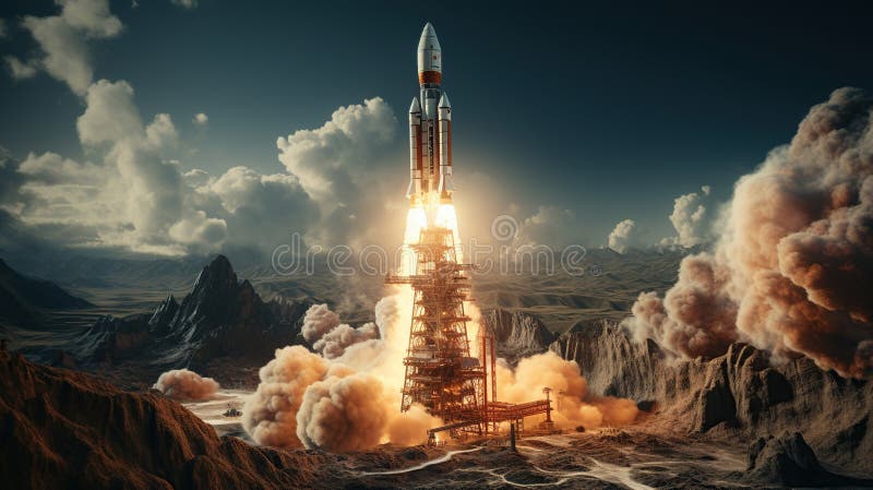 Spaceship Taking Off from Earth Heading for Mars Stock Illustration ...