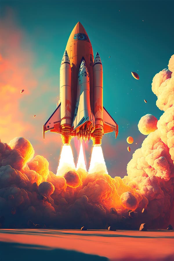 Spaceship Taking Off Over Blue Sky and Cloud Background, Created Using ...