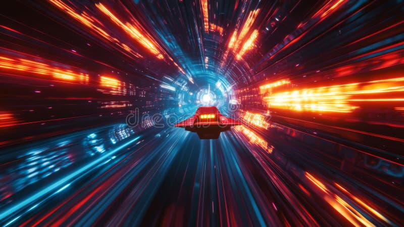 Spaceship Traveling through a Neon Light Tunnel Stock Illustration ...