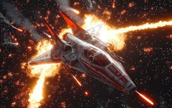 Spaceship Engulfed in Flames and Explosions during a Space Battle Stock ...