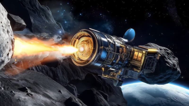 Spaceship Using Engine Thrust Avoiding Asteroid Impact Earth Stock ...