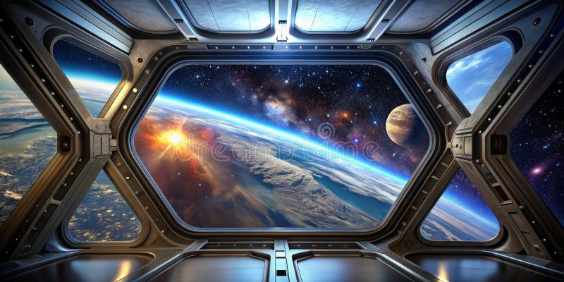 Spaceship Window View of Earth with Explosion and Planets Stock ...
