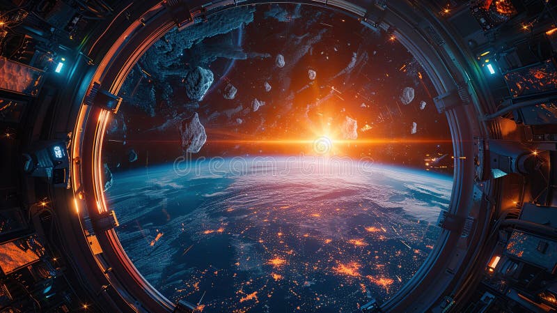 A Spaceship Window with a View of Earth and a Sunrise with Asteroids in ...