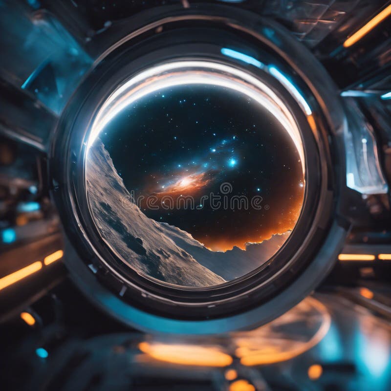 Spaceship Window View of Galaxy and Lunar Surface. Stock Illustration ...
