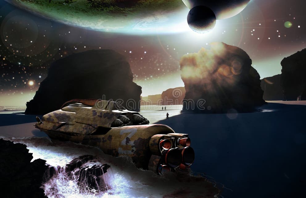 Spaceship Wreck on Alien Planet Stock Illustration - Illustration of ...